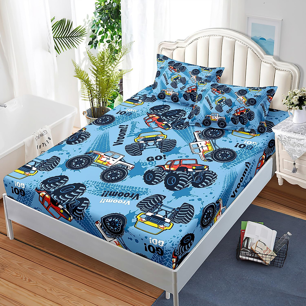 AILONEN Truck Fitted Sheet Set for Boys,Graffiti Blue Monster Truck Bedding Set Twin Size for Kids Boys Teens for Bedroom Decor,1 Fitted Sheet and 2 Pillowcases,3 Pieces