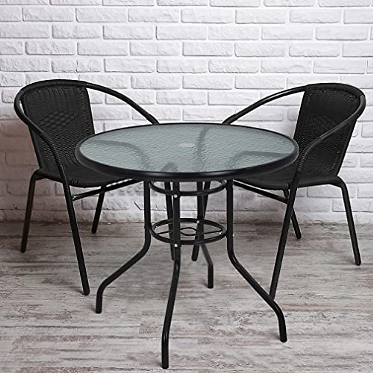 32" Patio Dining Table Round Bistro Table Outdoor Furniture Garden Table Patio Coffee with Tempered Glass Top Patio Glass Side Table for Backyard Lawn Balcony Pool, Black