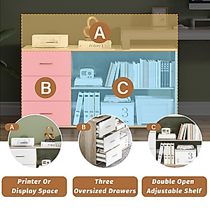 HOMBCK Home Office Computer Desk with 3 Drawers and Storage Shelves, 55 Inch Large L Shaped Desk with Drawers & Removable Monitor Stand, Reversible Corner Desk for Working, Studying, Walnut and White