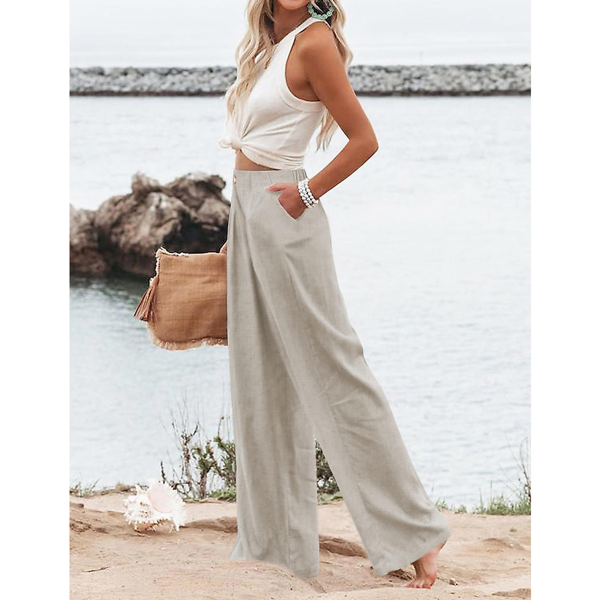 Hooever Womens Cotton Linen Pants Casual Button Up High Waisted Wide Leg Trousers(haki-XS) Khaki