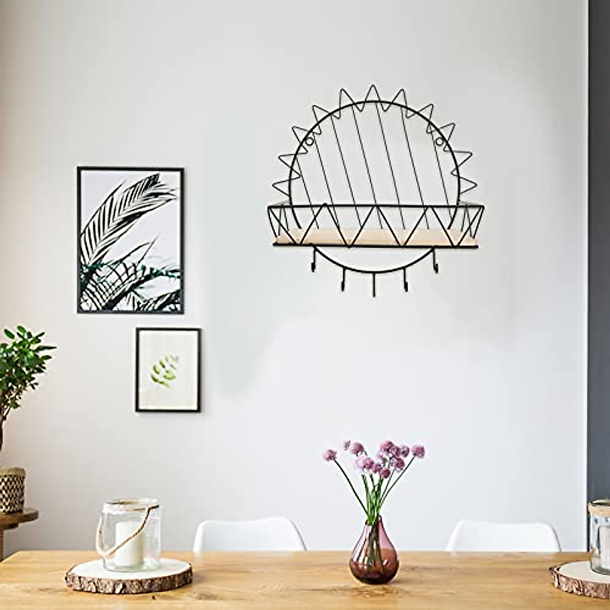 HEALLILY Floating Shelves with 5 Hooks Black Iron Wire Wall Decor Rustic Wall Shelf Rack Wall Mounted Hanging Storage Shelf for Bathroom Bedroom Kitchen Living Room Office