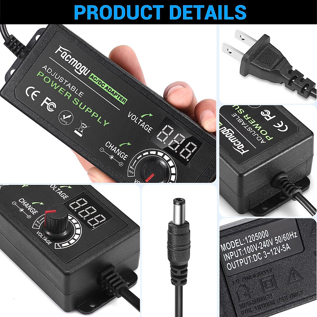 Facmogu 3V-12V 5A 60W Adjustable Power Supply with LED Display, Variable DC 3V 5V 6V 9V 12V Universal AC/DC Adapter, 100V-240V AC to DC 3-12V Switching Power Converter Multi-Voltage Regulated Adaptor
