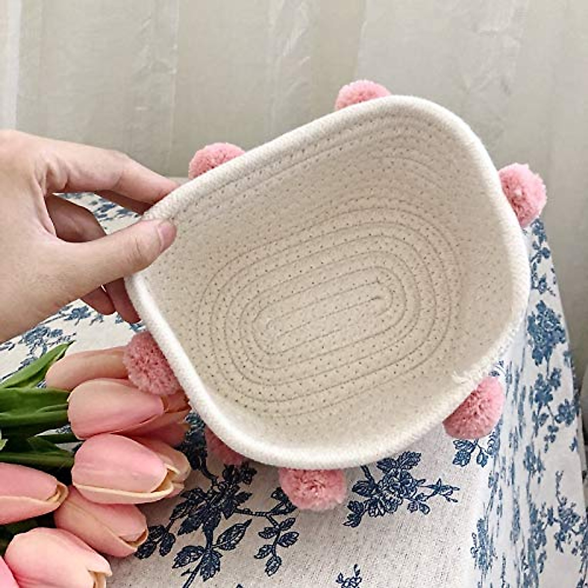 meialla Cotton Woven Storage Basket Cute Pompom Decor Sundries Finishing Box Nordic Cosmetic Toys Organizer Pink S