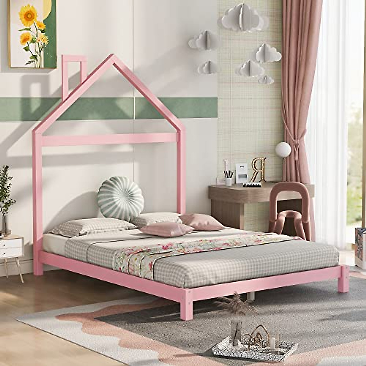Merax Full Kids Bed House Shaped Low Beds for Toddlers, Wood Platform Bed Frame for Children,No Box Spring Needed,Easy Assemble (Full,Pink