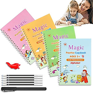 RYZ Magic Practice Copybook for Kids, Magic Calligraphy That Can Be Reused,Magical Handwriting Workbooks Practice Copybook for Preschoolers Kindergarten(4Book + Pen Set)