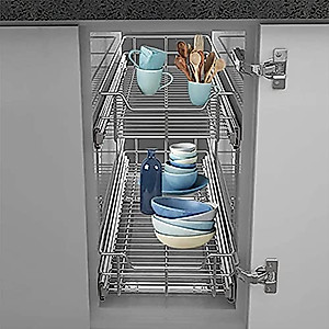 STORKING 2 Tier Wire Basket Pull Out Organizer Shelf Sliding Drawer Storage for Kitchen Base, Double-Tier Heavy Duty Cabinets Chrome-Plating, 21”W x 22”D Cabinet Opening Wire Frame Plating Finish