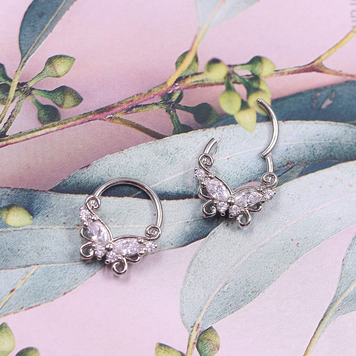 CHARM ONLINE 16G 316L Stainless Steel Daith Earrings Hoop Butterfly Nose Ring Septum Hoop Hinged Segment Clicker Daith Clicker Helix Ear Piercing Tragus Conch Piercing Jewelry