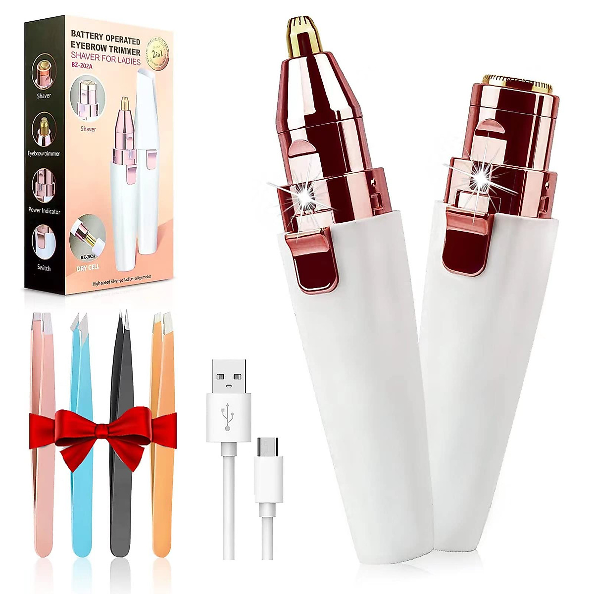 kuzuwill Facial Hair Remover for Women, Rechargeable Eyebrow Razor & Painless Hair Remover, Eyebrow Lips Body Facial Hair Removal for Women with Built-in LED Light, Extra 4 Eyebrow Tweezers