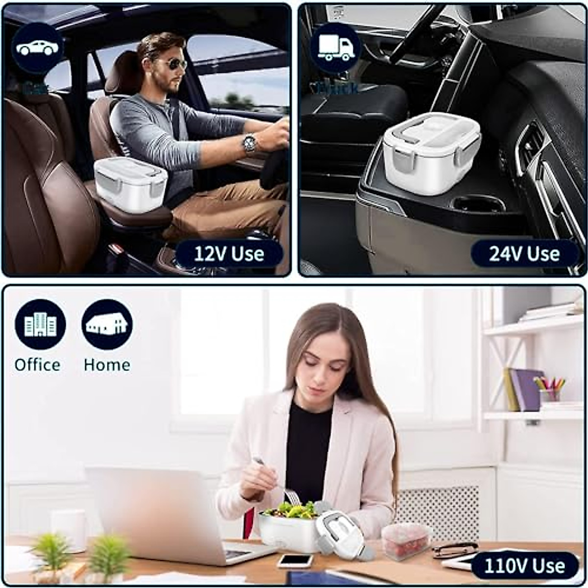 MIYGNDSZ Electric Lunch Box - 3 in 1 60W 1.5L Food Warmer for Car Truck Home, Stainless Steel Lunchbox for 12V 24V 110V Household Camping, Portable Heating Heater for Adult with Fork Spoon Bag