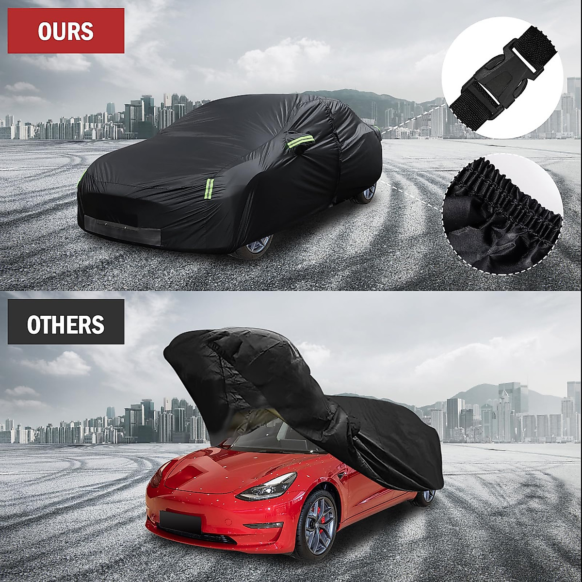 Custom Fit for Model 3 Car Cover 2017-2023 Waterproof All Weather Protection Full Exterior Cover Rain Snow UV Protection with Door Zipper Charging Port