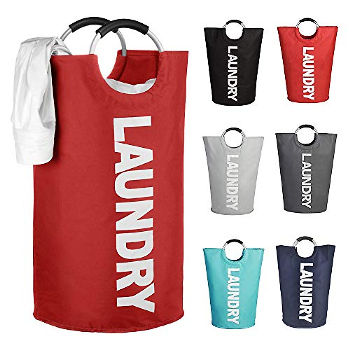 Mziart Thicken Laundry Bag Hamper Tote with Alloy Handles, Heavy Duty and Durable Canvas Clothes Storage Bag Washing Bag, Collapsible and Self Standing as Laundry Basket (Red)