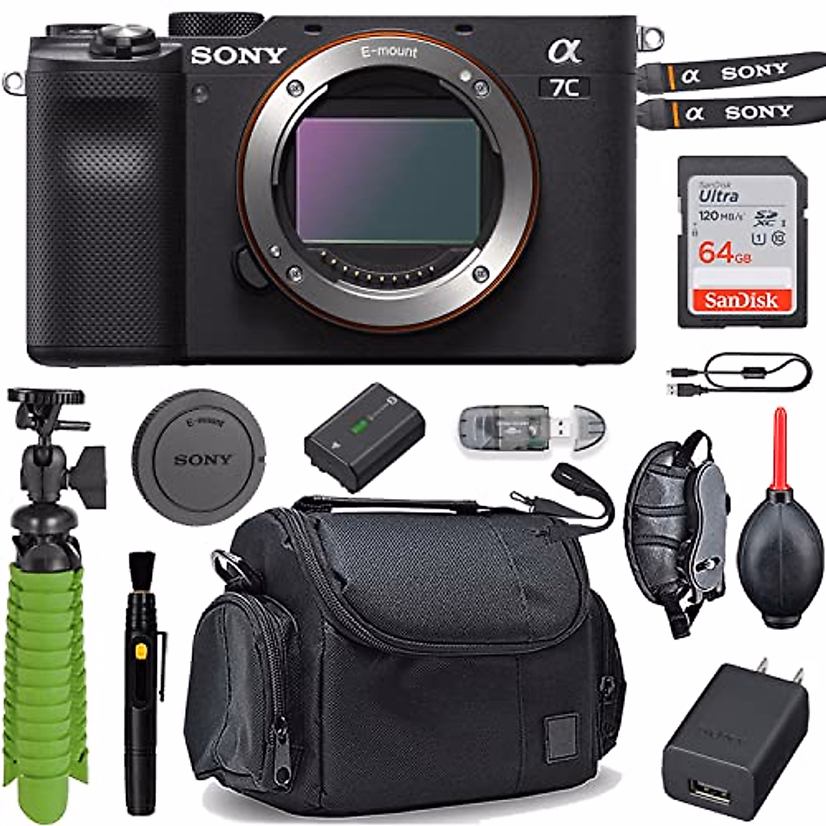 Sony a7C Mirrorless Camera (Black) Body only Bundle with Accessories (64Gb High Speed Memory Card, Spider Tripod, Gadget Bag, Cleaning kit)