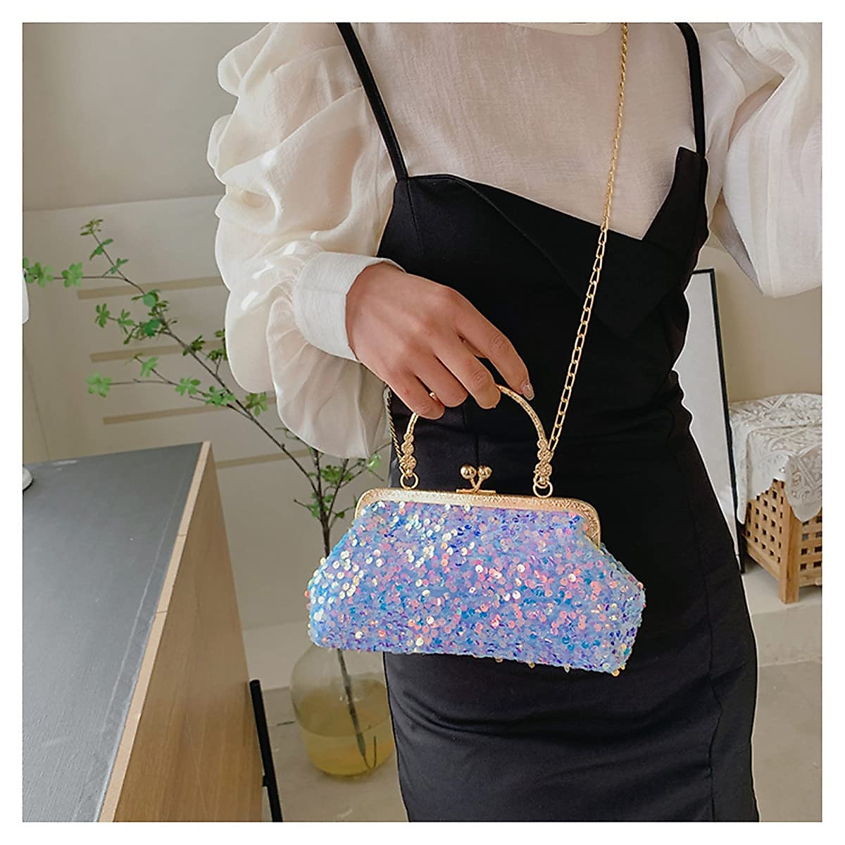 WIGUYUN Women Sequins Evening Handbag Glitter Top Handle Purse Chain Cross-body Bag Blue