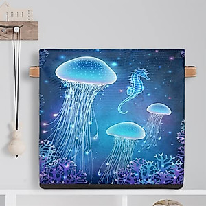 Jellyfish Sea Horse Sea Cube Storage Bins 13 Inch Fabric Storage Basket Square Storage Bins Collapsible Nursery Storage Bin Organizer Basket Storage Box for Shelves, Closet