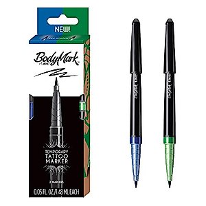 BodyMark by BIC, Temporary Tattoo Marker, Old School Inspiration, Skin Safe, Brush Tip, Assorted Colors, 2-Pack