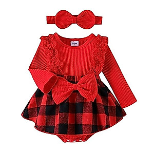 Mialoley Baby Girl Long Sleeve 2 Piece Outfit Knit Lace Patchwork Sweet Romper Dress Bowknot Plaid Bodysuit with Headband (Red, 9-12 Months)