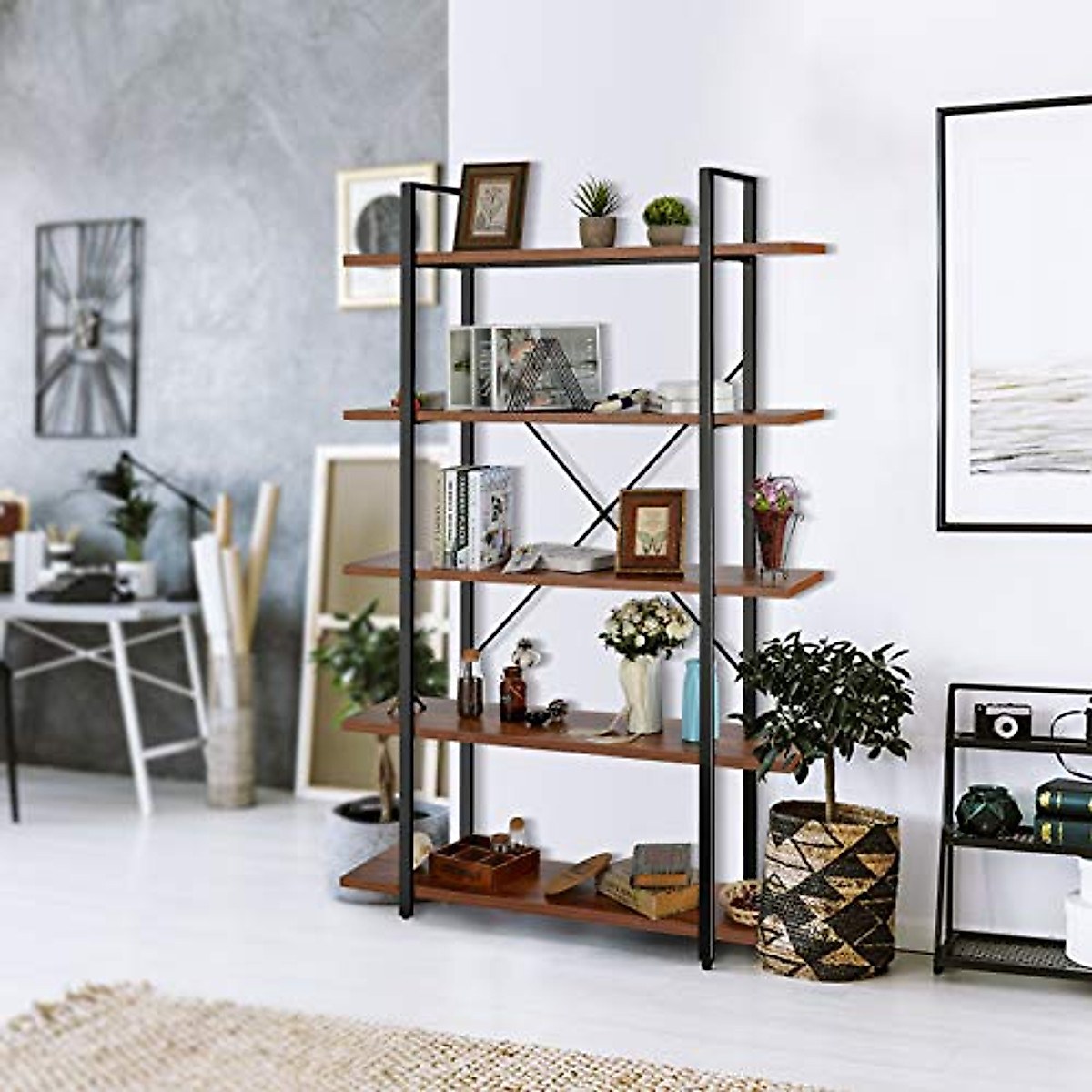 5 tier Industrial Bookshelf, 6 Foot Tall Solid Etagere Bookcase, 72 H x 12 W x 47D Inches, Free Standing Book Shelves for Living Room, Bedroom, Office, Black Metal Frame and Warm Rustic Brown Wood