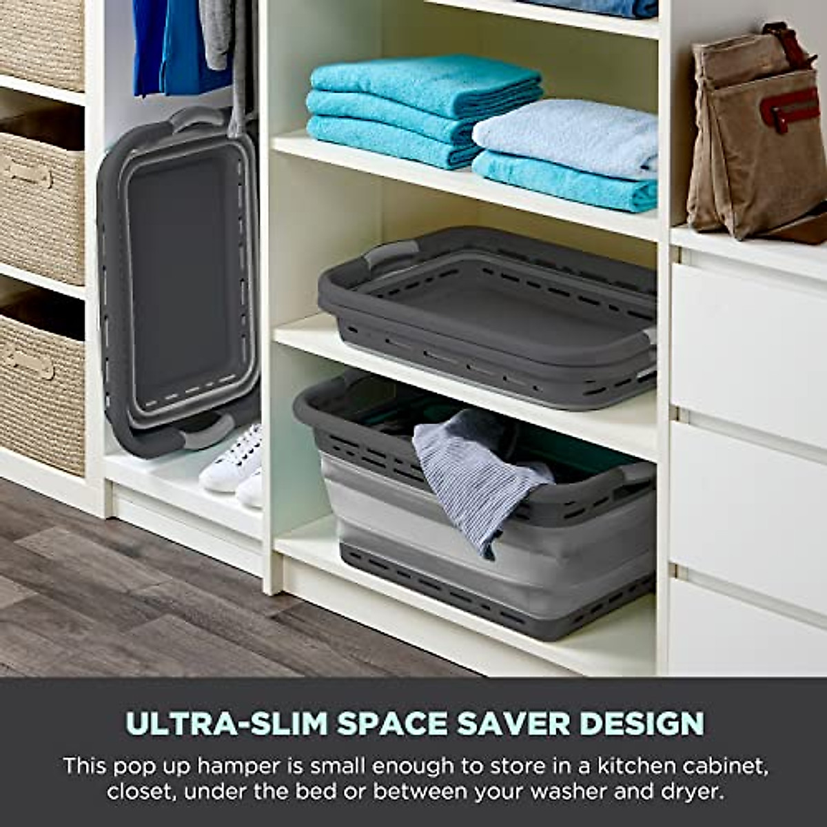 BLACK+DECKER 1 Large 25" Slim Collapsible Laundry Basket - Portable & Space-Saving Basket with Dual Comfort Grip Handles - Ideal for Laundry, Towels, Blankets & More in Small Spaces & Travel, Black
