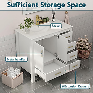 DEYGIA 36" Bathroom Vanity with Sink with Faucet, Single Sink Bathroom Vanity with 5 Drawers, Mirror, Pedestal,Ceramic Countertop, Ceramic Sink, Soft-Close Doors (White)