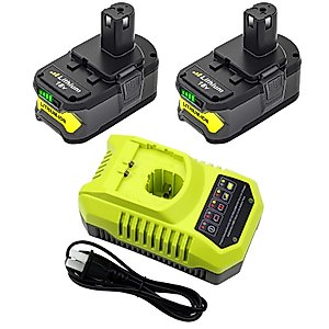 2Pack 6.0Ah Replacement for Ryobi 18V Battery and Charger Combo Replacement for Ryobi 18V Lithium P102 P103 P104 P105 P107 P109 P108 P190 P122 Cordless Tools Battery and P117 Charger