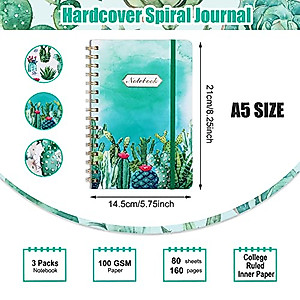 EOOUT 3 Pack Spiral Notebook, 6"x 8.5" Hardcover Spiral Journal, 160 Pages, Cute Cactus, Back Pocket, 100gsm Paper, Cute Notebook for Work, Office, School Supplies