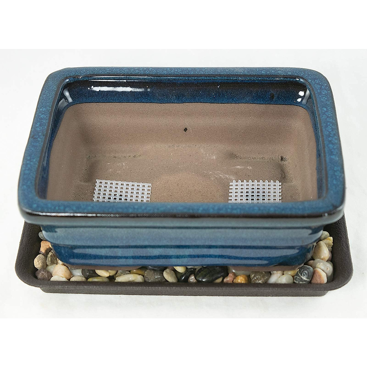 8" Rectangular Dark Blue Bonsai / Succulent Pot + Tray + Rock + Mesh Combo