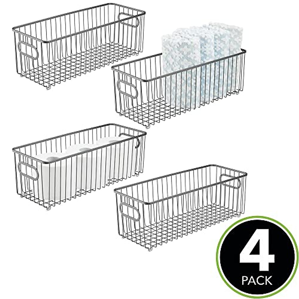 mDesign Deep Metal Bathroom Storage Organizer Basket Bin - Farmhouse Wire Grid Design - for Cabinets, Shelves, Closets, Vanity Countertops, Bedrooms, Under Sinks - 4 Pack - Graphite Gray
