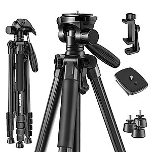 CAMBOFOTO 62"-Camera-Tripod, Lightweight Travel Compatible DSLR/Phone/Camcorder, Aluminum Tri Pod with Holder and Travel Bag. (Black, Weight 2.8Lb, Max Load 4.9 Lb)