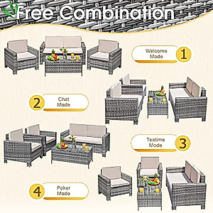 Greesum 4 Pieces Patio Furniture Sets, Wicker Rattan Sofa Chair with Soft Cushions and Sturdy Coffee Table, Outdoor-Indoor Use for Backyard Porch Garden Poolside Balcony, Gray and Beige
