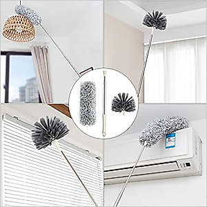 RMAI Duster with Extension Pole(Stainless Steel), 100’’ Extra Long Microfiber & Domed Cobweb Double Replacement Heads Extendable Dusters, Scratch Resistant Duster for Cleaning High Ceiling Fan, Cars