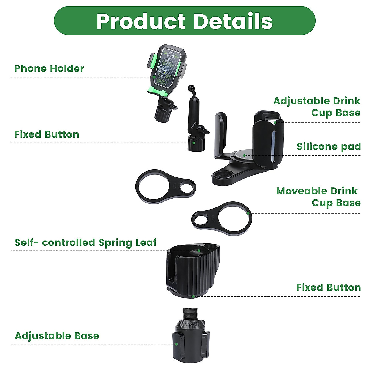 Cup Holder Expander for Car,5-in-1 Car Cup Holder Expander with Detachable Car Phone Holder,Dual Cup Holder&Adjustable Base Essential Car Accessories for Travel, for Water Glass,Fried Chicken Bucket.