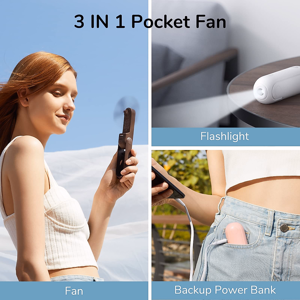 JISULIFE Handheld Mini Fan, 3 IN 1 USB Rechargeable Portable Fan [12-19 Working Hours] with Power Bank, Flashlight, Pocket Design for Travel/Summer/Concerts/Lash, Gifts for Women (Brown)