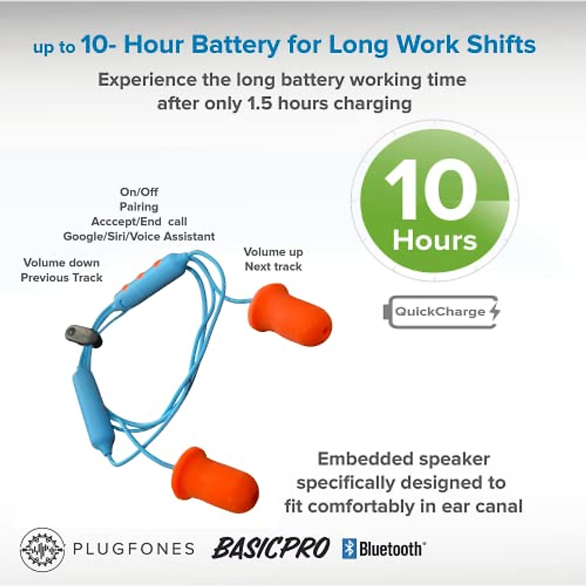 Plugfones Basic Pro Wireless Bluetooth in-Ear Earplug Earbuds - Noise Reduction Headphones with Noise Isolating Mic and Controls (Blue & Orange)