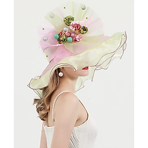 RZTA Women's Kentucky Derby Church Dress Hat Wide Brim Leaf Flower Bridal Shower Hat E3-Beige,Pink
