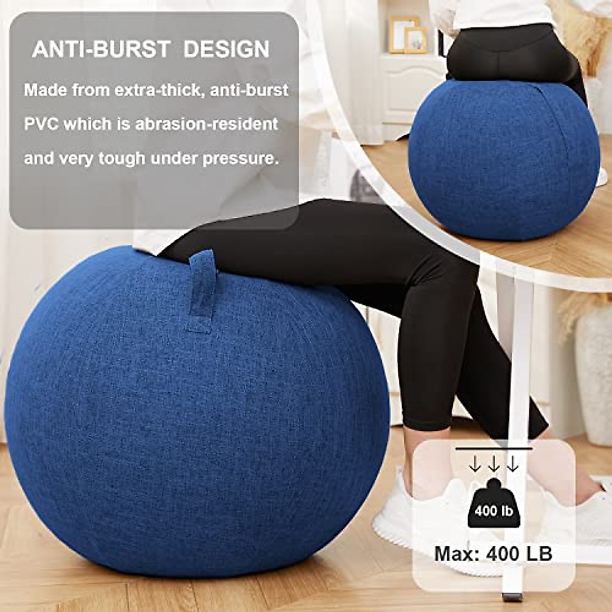 Exercise Ball Chair with Fabric Cover, Pilates Yoga Ball Chair for Home Office Desk, Pregnancy Ball & Balance Ball Seat to Relieve Back Pain, Improve Posture, Birthing Ball for Pregnancy (Blue)