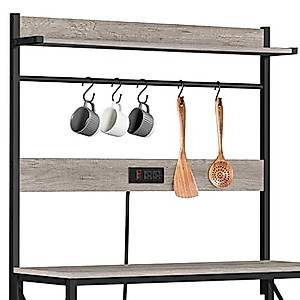 Yaheetech Kitchen Bakers Rack with Power Outlet, 36.5" W Microwave Oven Stand Kitchen Storage Rack with Hooks for Dining Room, Kitchen Organizer Shelves for Spices, Pots and Pans, Gray