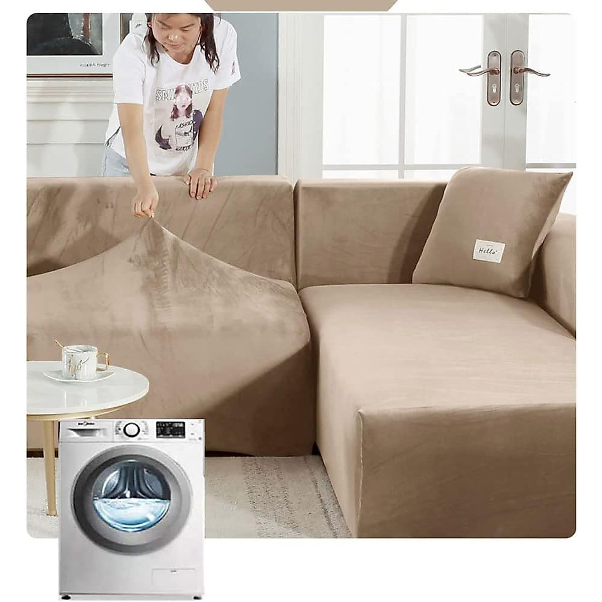 EFELIM Velvet L Shape Couch Cover Sectional Sofa Slipcover, Stretch 1 2 3 Seat Sofa Covers Soft Chaise Cover Furniture Protector for Dogs Pets (Blue,L Shape:4 Seater+3 Seater)