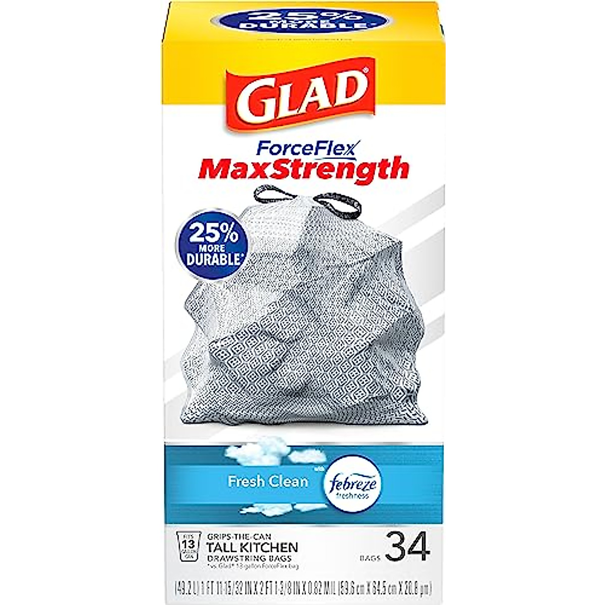 Glad ForceFlex MaxStrength Tall Kitchen Drawstring Trash Bags, 13 Gallon, Fresh Clean Scent with Febreze Freshness, 34 Count