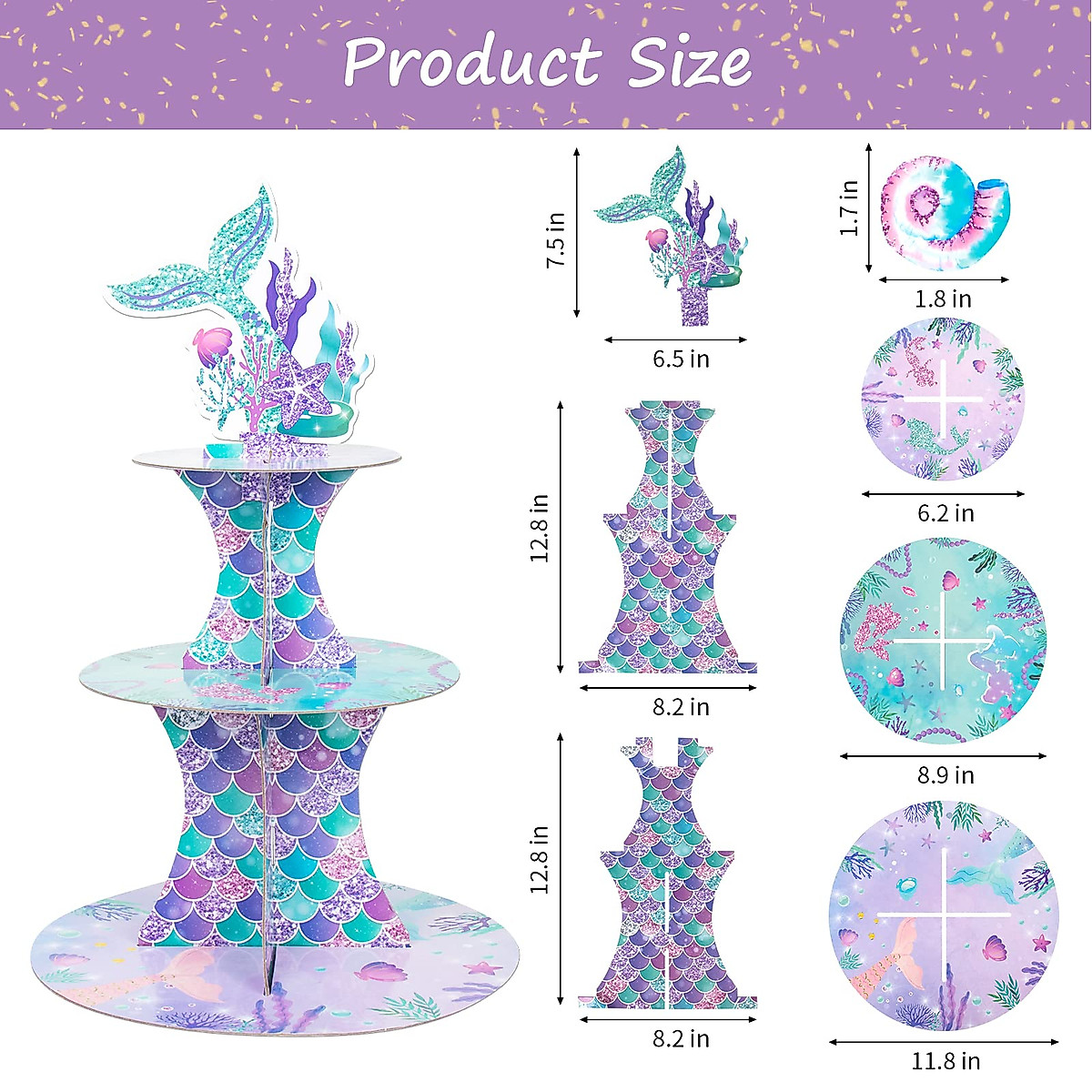 OPUHOHR 3 Tier Mermaid Cupcake Stand,Cupcake Tower with 12pcs Mermaid Theme Cake Topper, Dessert Tower Holder for Mermaid Theme Birthday Decoration Baby Shower Party Supplies