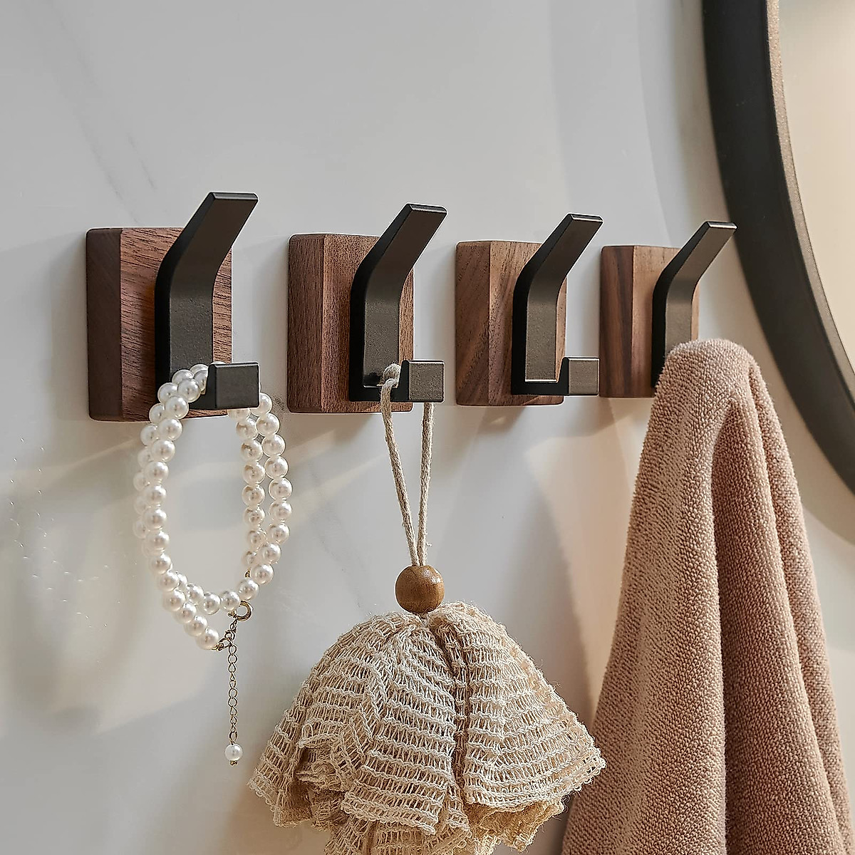 AODORAN Coat Hooks Wall Mounted - 4 Pack Heavy Duty Towel Hooks for Wall Hanging Wood Black Rustproof Coat Rack Wall Mount Wall Hooks Bag Key Hat Hanger