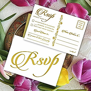 PARTH iMPEX RSVP Postcards for Wedding - (Pack of 50) Gold Foil Stamping with Mailing Side 4"x6" Response Cards All Occasion Mailable - White