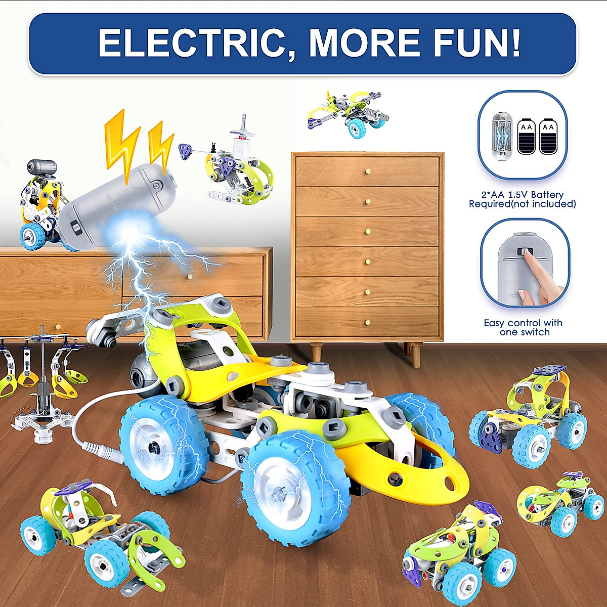 BRUVISH 10 in 1 Building Toy Set, STEAM Building Blocks with Electric Powered Motor for Children Boys Girls, Construction Toys with Tools for Kids Age 5 6 7 8 9 10 11 12, Engineering Building Bricks