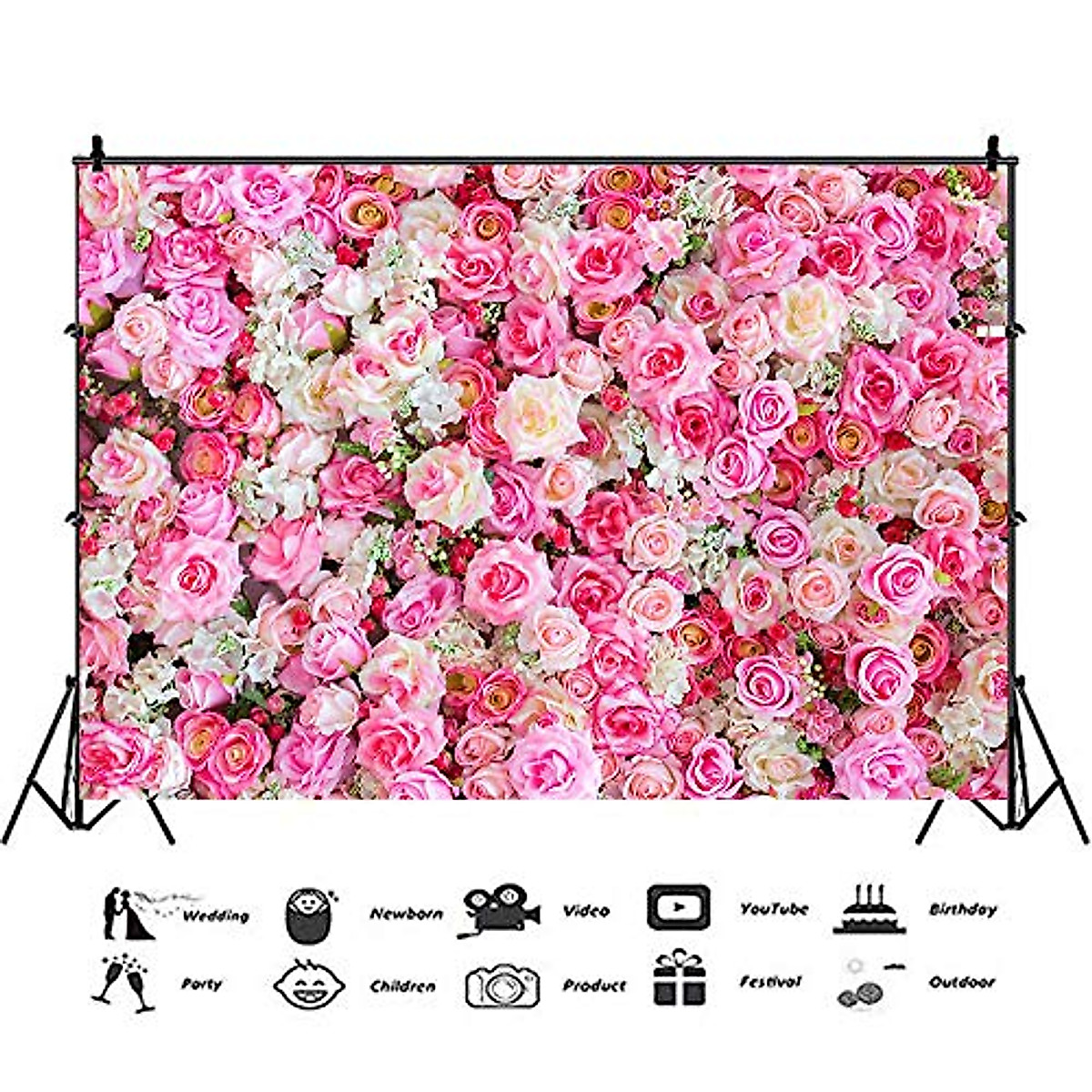Pink Red Rose Flowers Theme Photography Backdrops 7x5ft Baby Shower Wedding Happy Birthday Day Photo Background Dessert Cake Table Decoration Supplies Studio Props Banner Vinyl