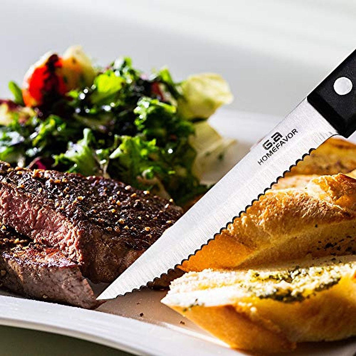 G.a HOMEFAVOR Steak Knife Set Stainless Steel, 8 Pieces Full Tang Sharp Serrated Knives Cutlery Set, Black