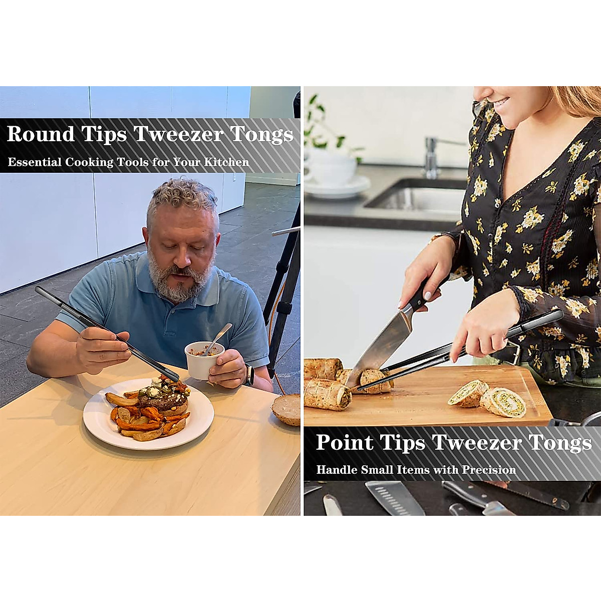 JETKONG 2 Pcs 12-Inch Kitchen Tweezers Tongs with Precision Serrated Tips, Stainless Steel Chef Tweezer Professional Cooking Tweezers for BBQ, Plating and Serving (12-Inch, Black)