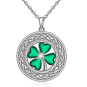 Shamrock Necklace St Patricks Day Four Leaf Clover Necklaces for Women Sterling Silver Celtic Knot Irish Green 4 Leaf Clover Jewelry Pendant Lucky Saint Patricks Gifts
