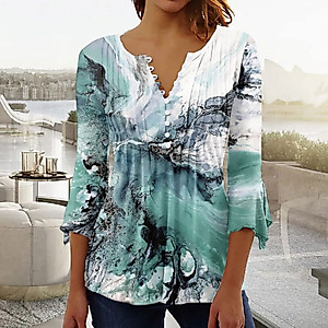 SMIDOW Three Quarter Bell Sleeve Tops for Women Fashion Summer Tunic Shirt 3/4 Sleeve Henley v Neck Boho Floral Tshirt Blouse
