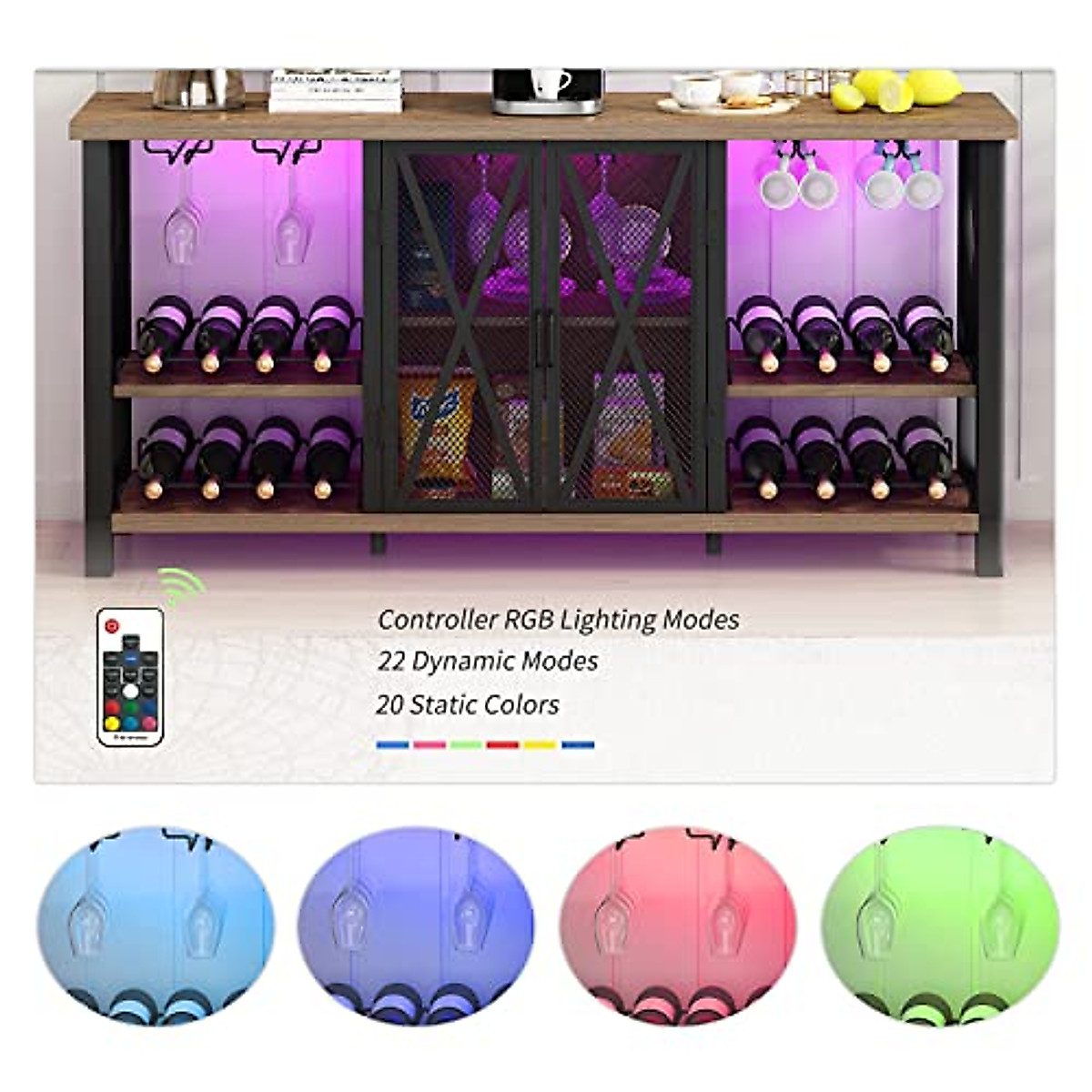 O&K FURNITURE Wine Bar Cabinet for Liquor and Glass with Storage & LED Lights, Rustic Metal Wood Wine Rack Buffet Cabinet, Industrial Coffee Bar Cabinet for Living Room, Home Bar (Brown)