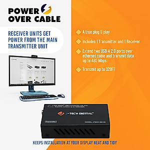 J-Tech Digital USB Over Ethernet Extender USB Balun Over cat5e cat6 99m/328ft PoC, Play and Plug, No Driver Needed, USB2.0 for Game Controller, MAC & PC and USB2.0 Supported Devices [JTECH-BE100]