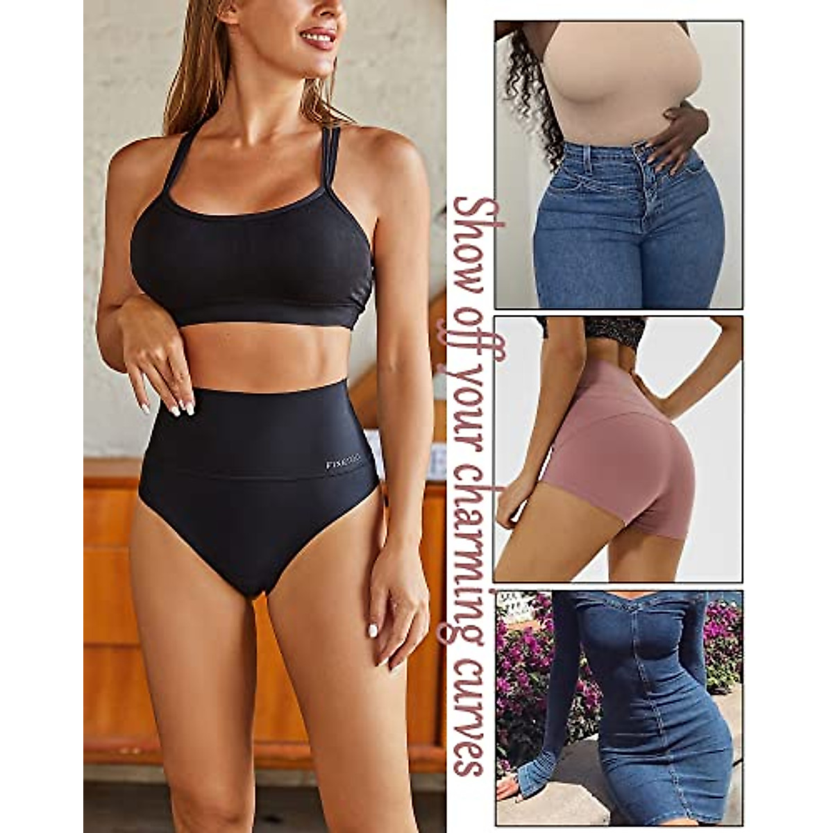 FINETOO High Waisted Thongs for Women Tummy Control Underwear Soft Nylon Stretchy No Show High Rise Thong Panties 4 Pack